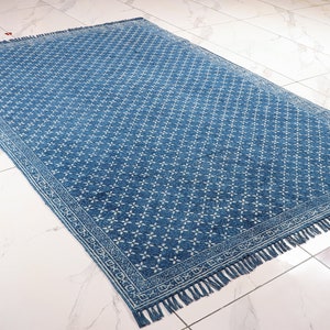 Handblock Indigo Cotton Rug, Block Printed Dhurrie, Handmade Rug, Home ...
