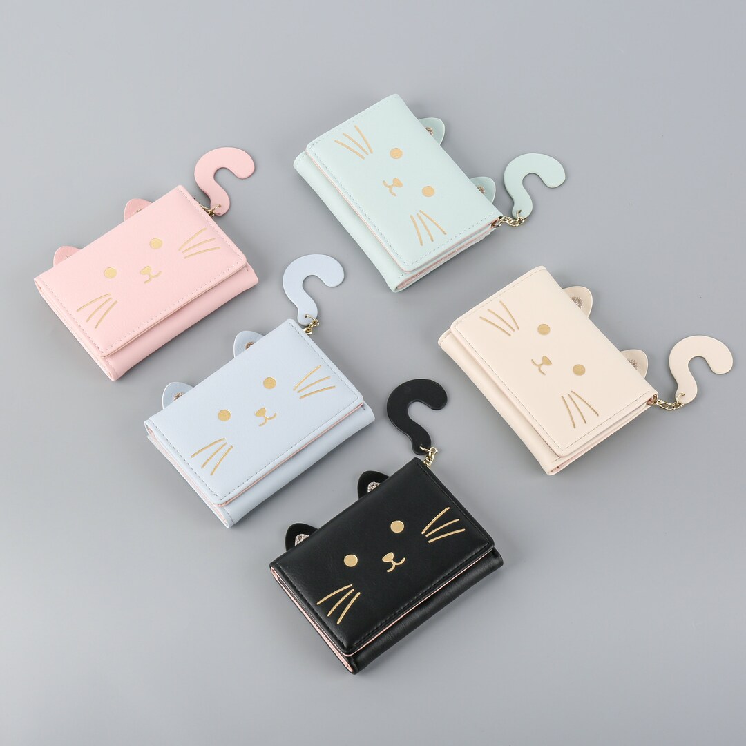 Women Leather Wallet Cute Student Cartoon Purse, Girls Cat Glitter Ears ...