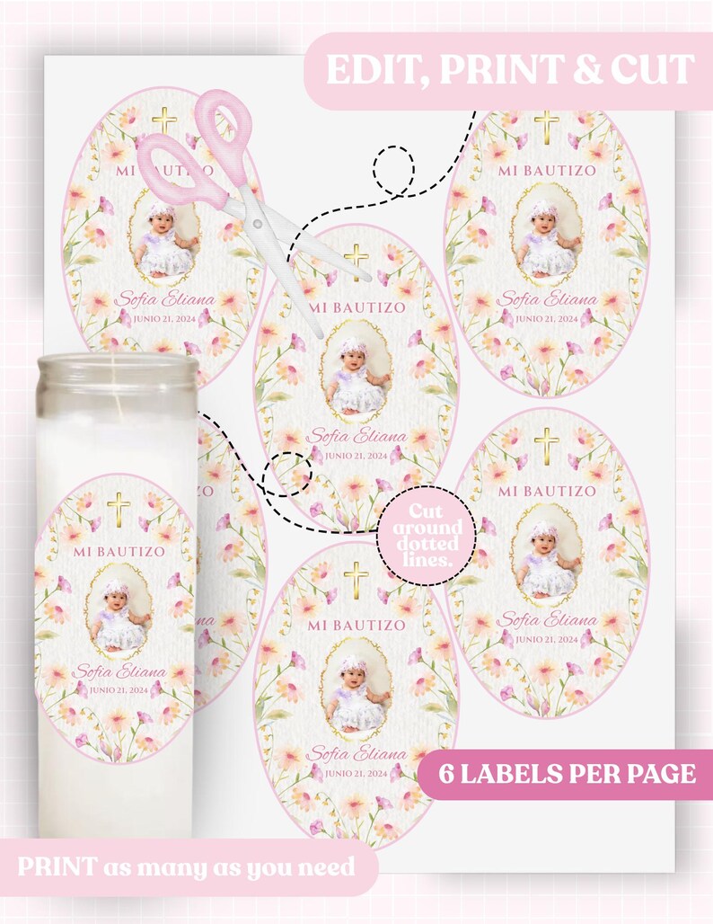 Mi Bautizo Baptism Photo Candle Label, Editable, Printable, Edit ...