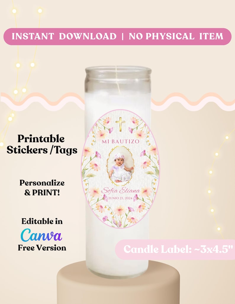 Mi Bautizo Baptism Photo Candle Label, Editable, Printable, Edit ...