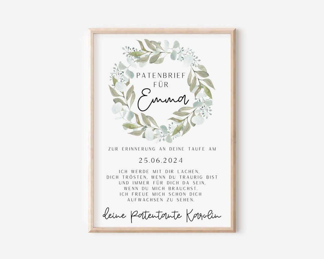 Godparent Letter for Godchild Flower Wreath Eucalyptus - Gift Baptism ...