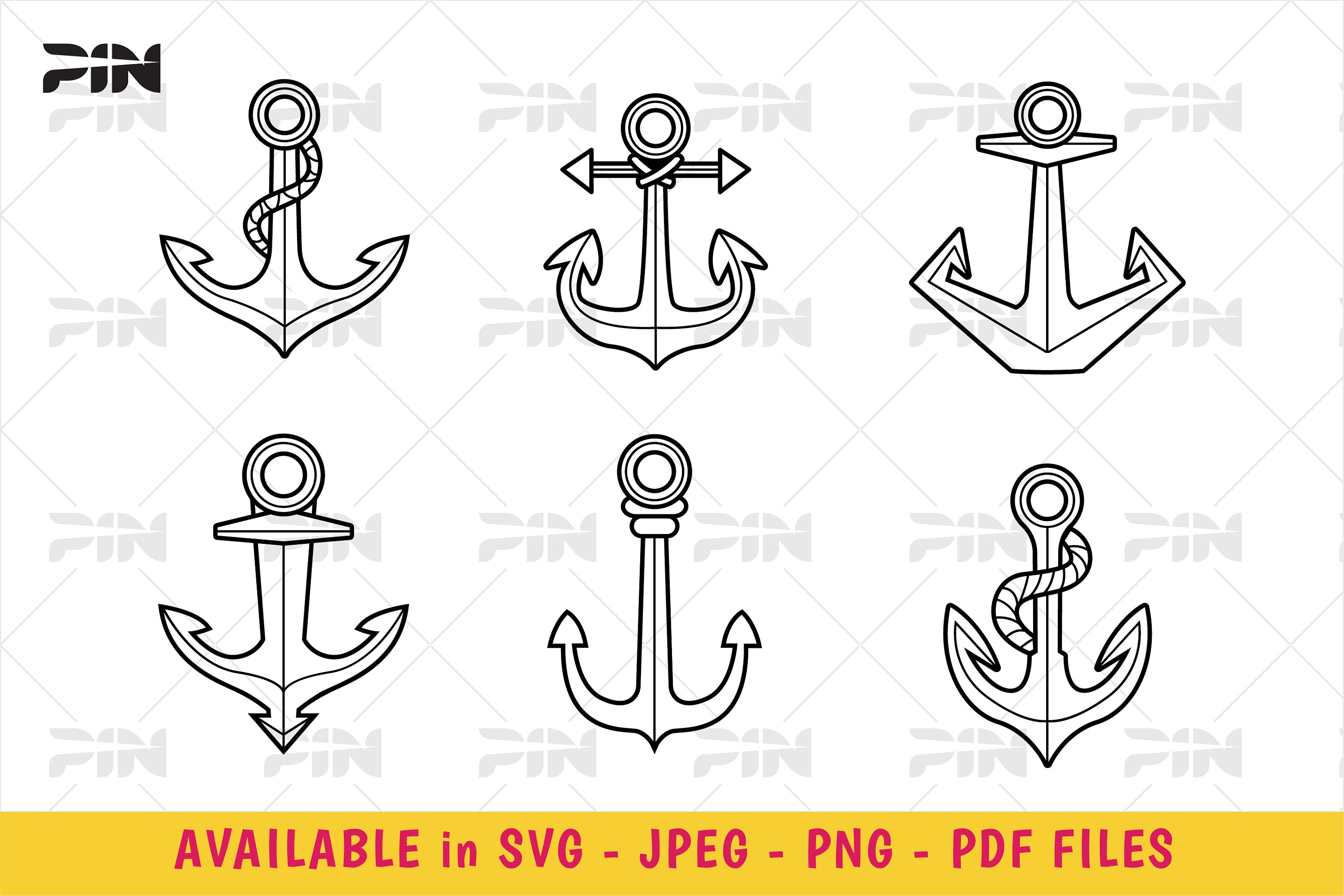 6 Anchor SVG Bundle: 6 Nautical Anchor Illustrations SVG Files, Marine ...