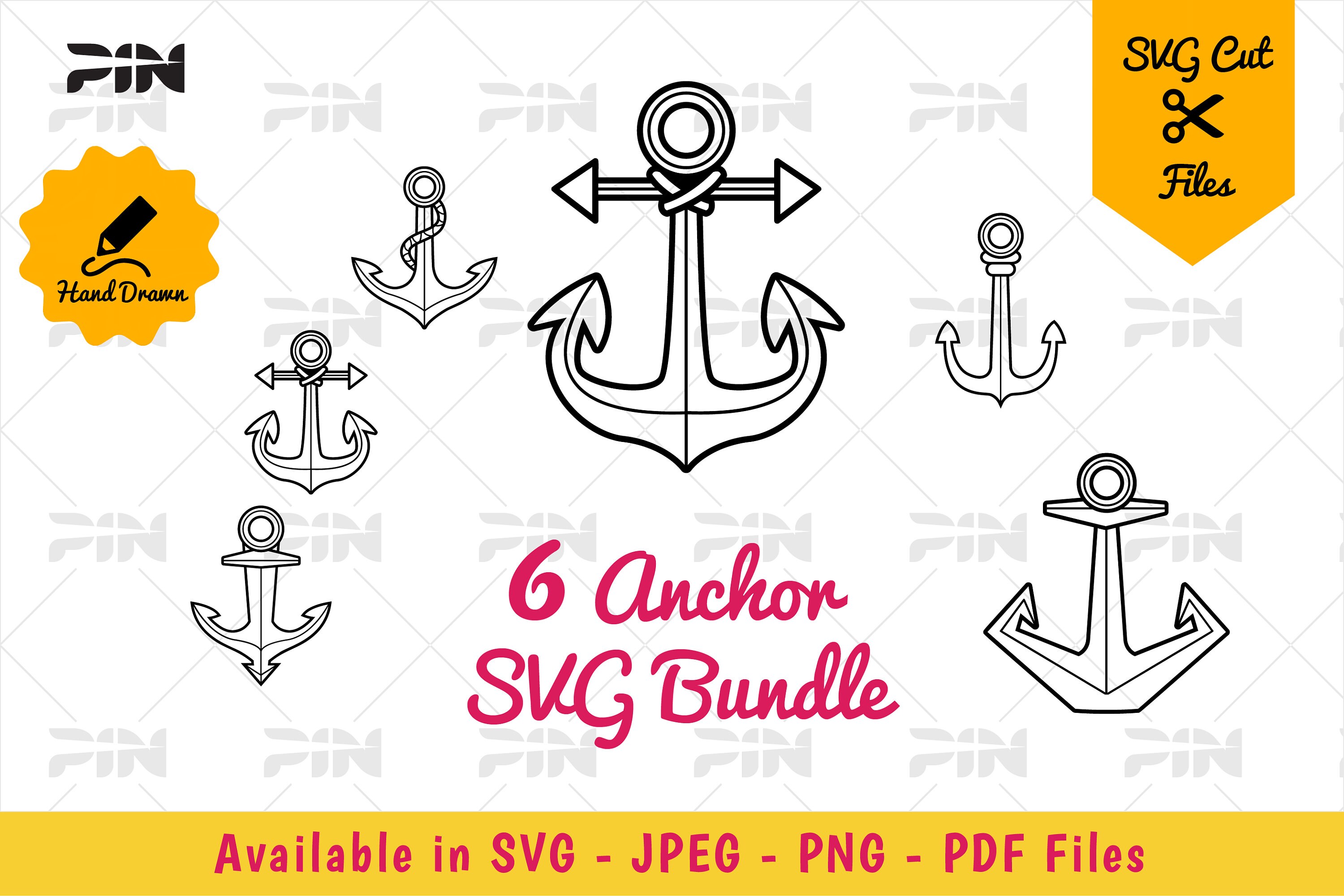 6 Anchor SVG Bundle: 6 Nautical Anchor Illustrations SVG Files, Marine ...