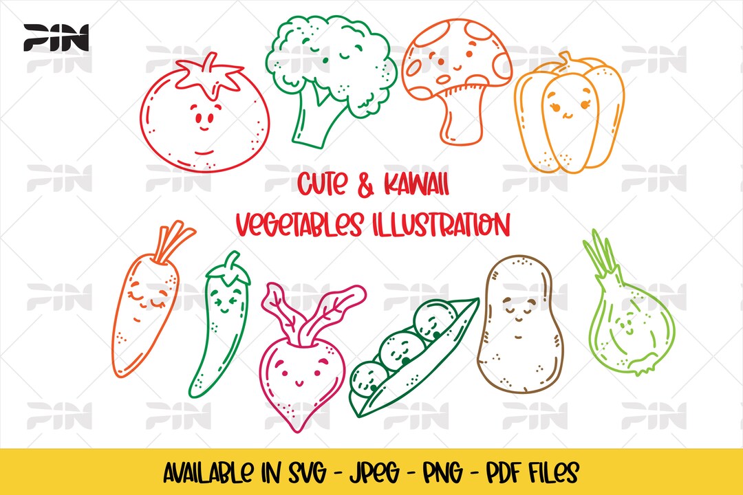 10 Cute SVG & Cut Files Veggie Delights, Set of 10 Kawaii Vegetable SVG ...
