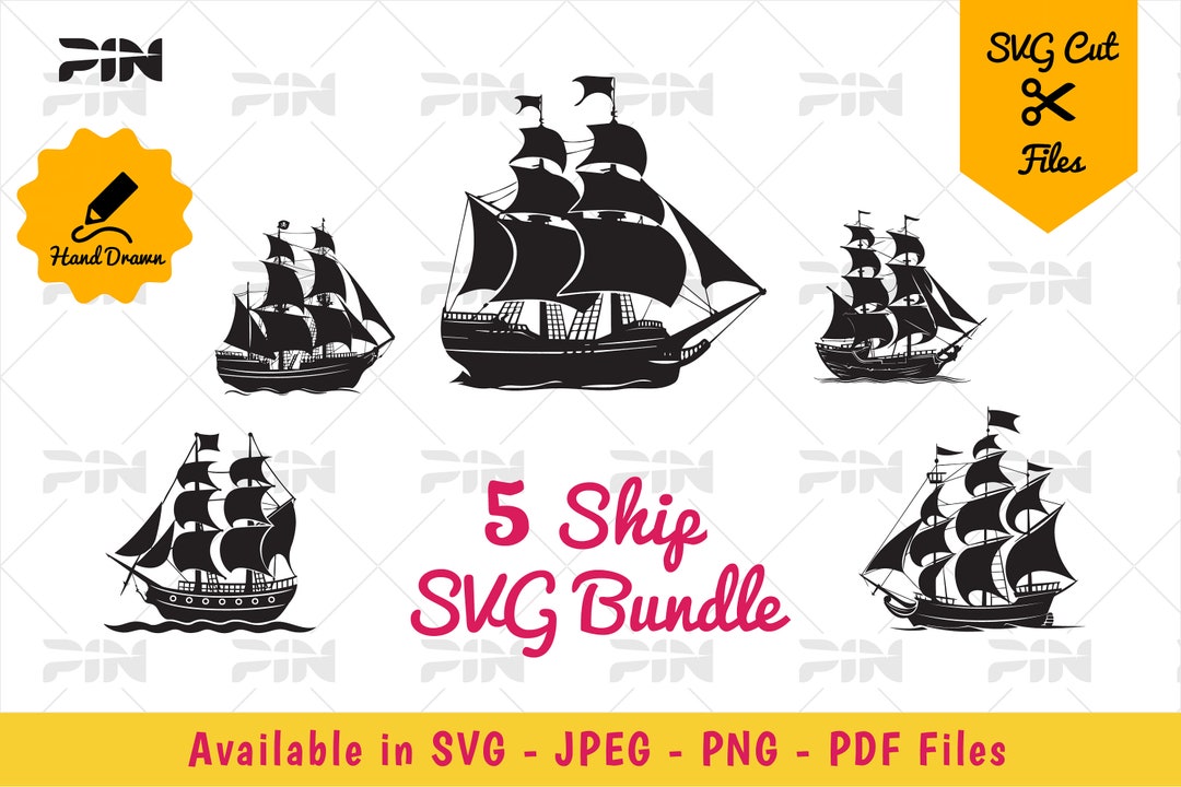 5 Ship SVG Bundle: Nautical Ship Illustrations SVG Files, Maritime ...