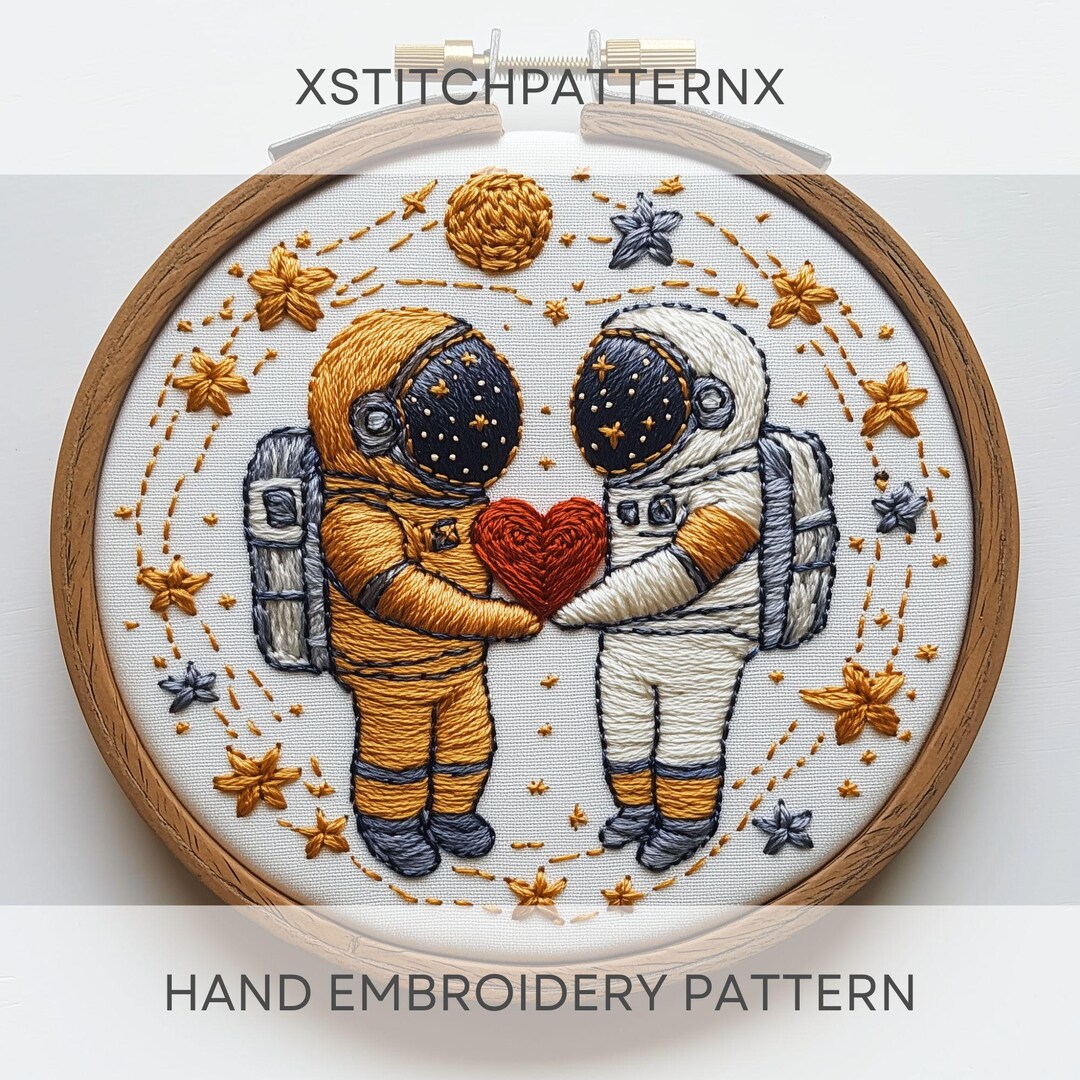 Valentine Hand Embroidery Pattern With Astronauts, Valentine's Day ...