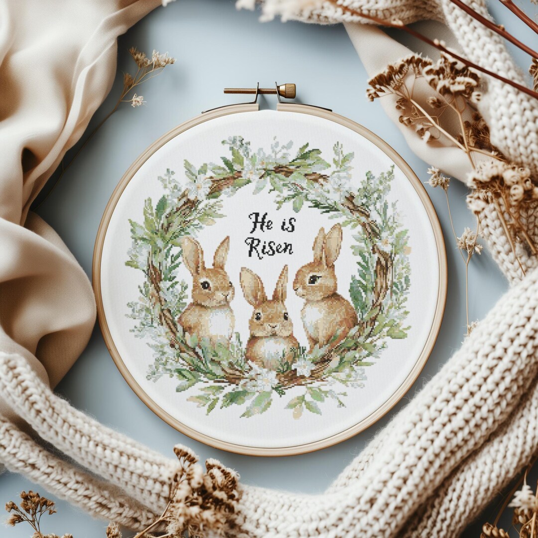 Easter Cross Stitch Pattern With Bunnies Counted He is Risen Embroidery ...