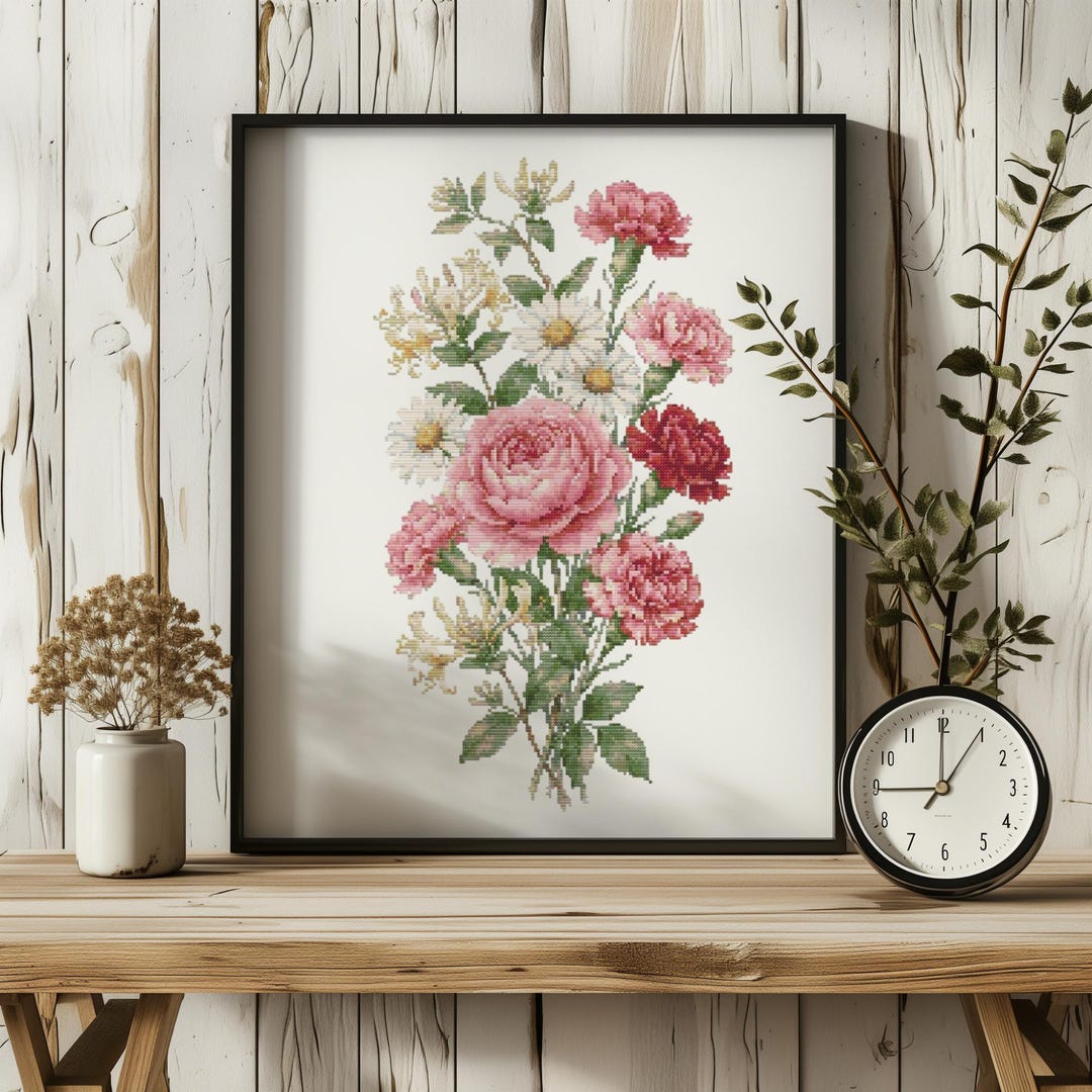 Modèle de point de croix avec bouquet de fleurs, broderie d'art comptée ...