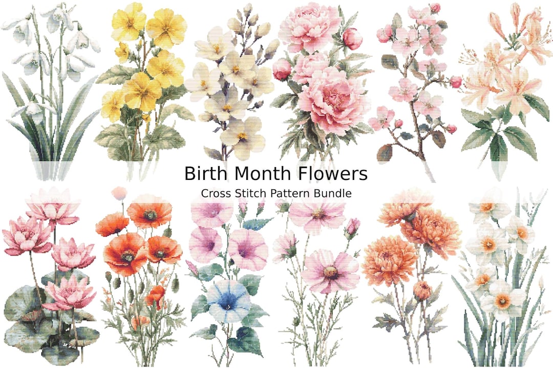 Cross Stitch Pattern Pdf Bundle, 12 Birth Month Flower Cross Stitch Art ...
