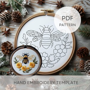 Bee Embroidery Pattern PDF With Flowers, Hand Embroidery Pattern for ...