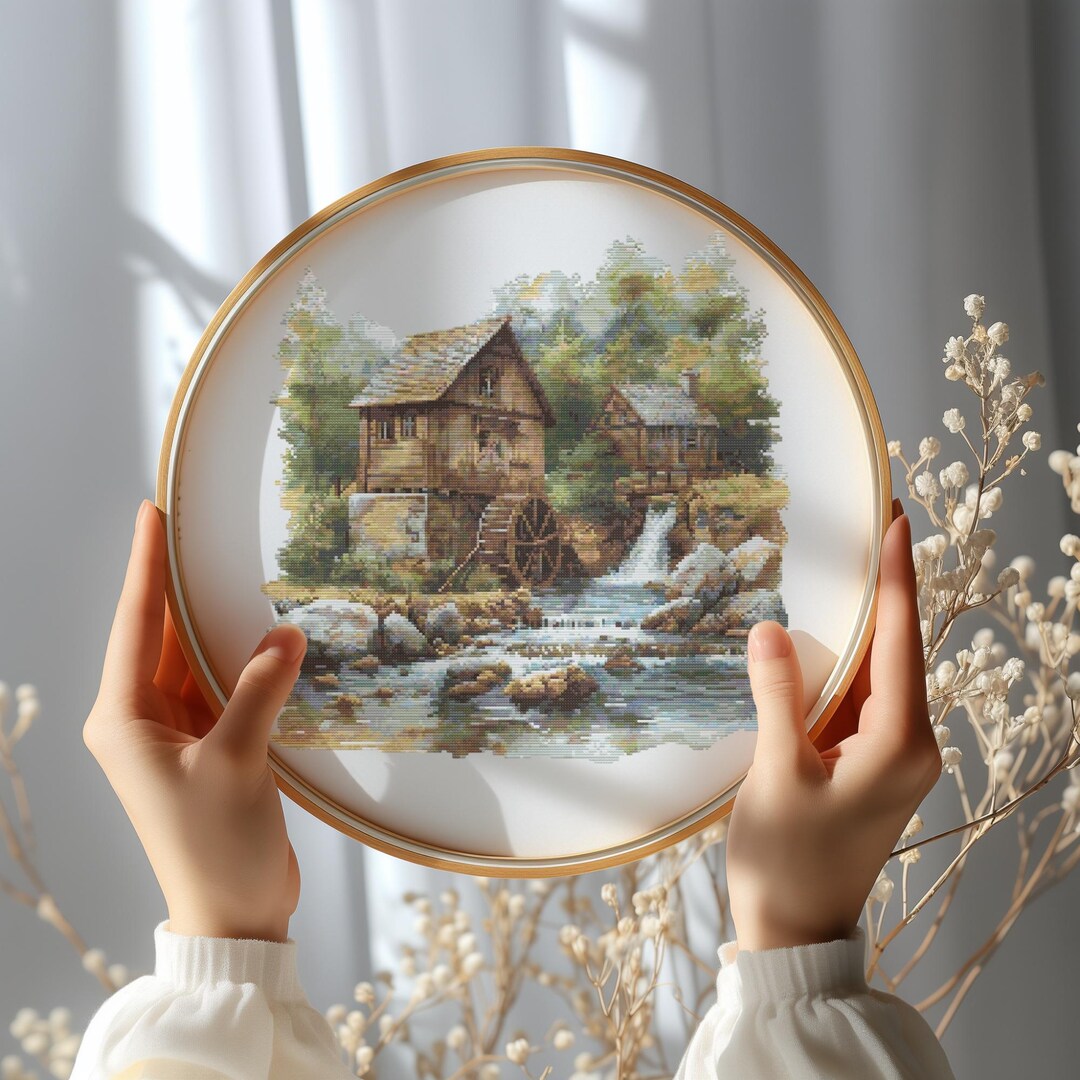 Cross Stitch Pattern With Watermill, Cottagecore Embroidery Pattern ...