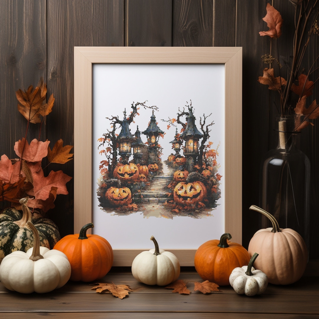 Halloween Cross Stitch Pattern With Spooky Pumpkins, Fall Embroidery ...