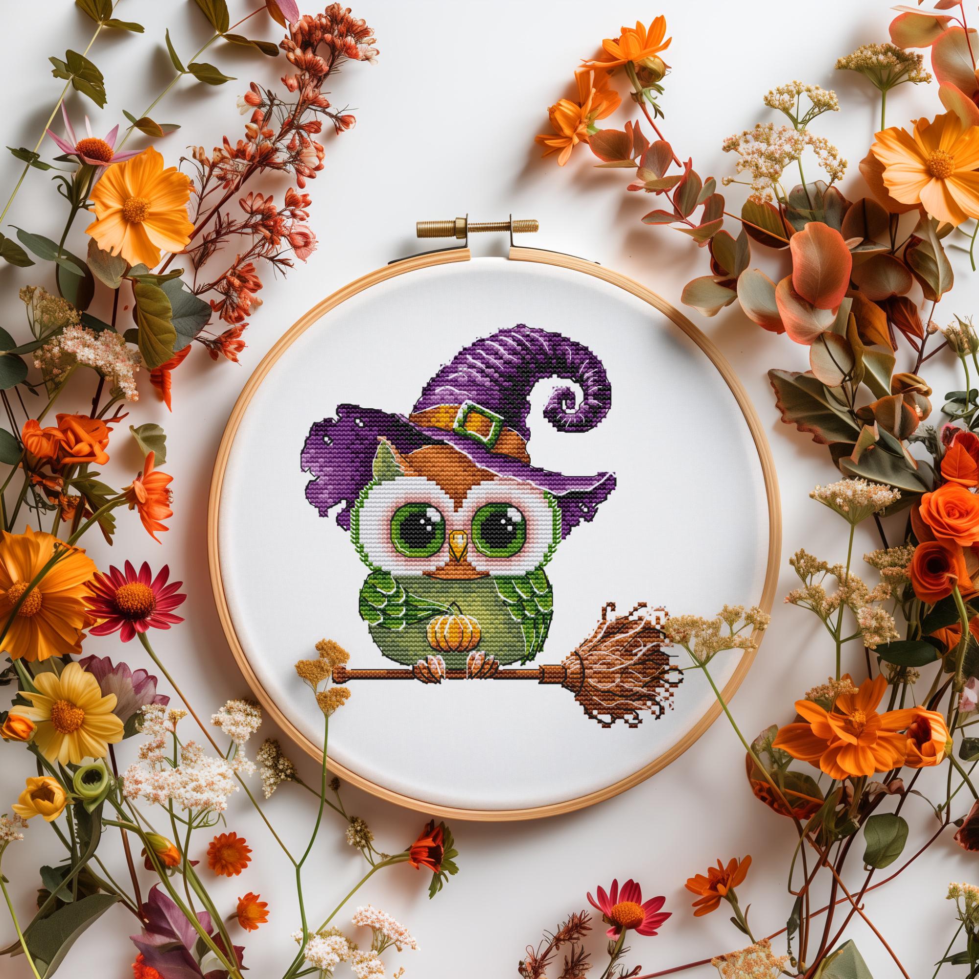 Cross Stitch Pattern With Witchy Owl Halloween Embroidery Pattern ...
