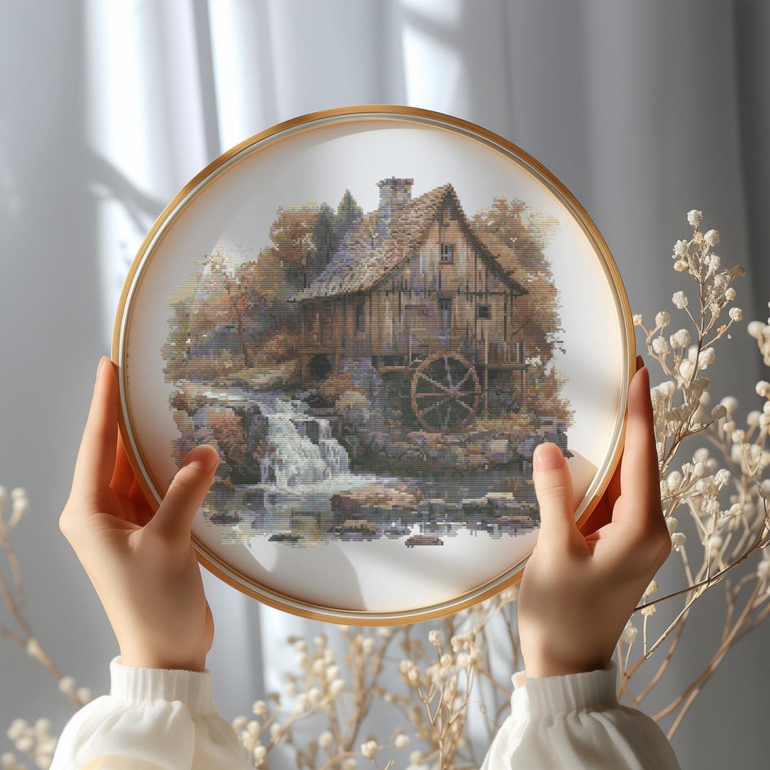 Cross Stitch Pattern With Watermill, Cottagecore Embroidery Pattern ...