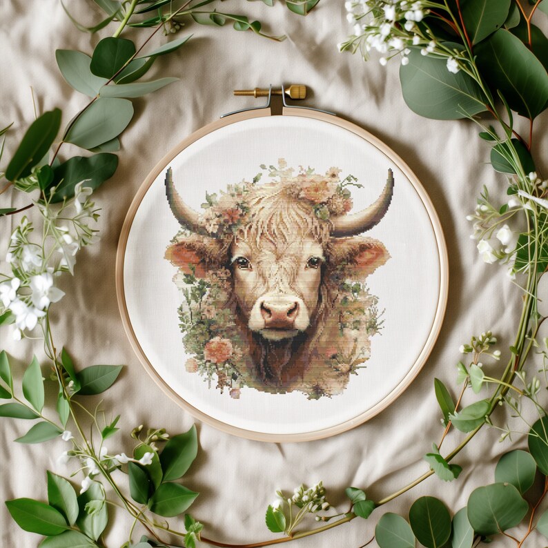 Cross Stitch Pattern With Highland Cow, Modern Cross Stitch Chart Pdf ...