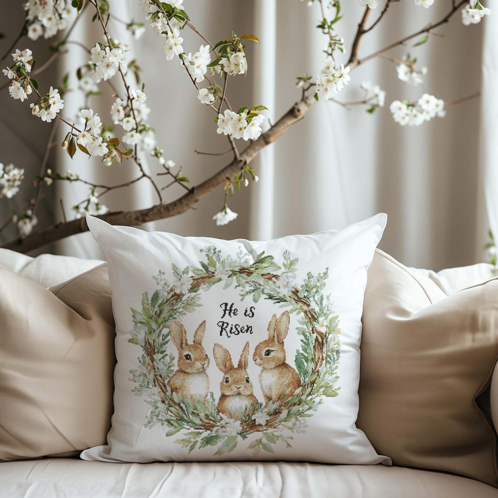 Easter Cross Stitch Pattern With Bunnies Counted He is Risen Embroidery ...