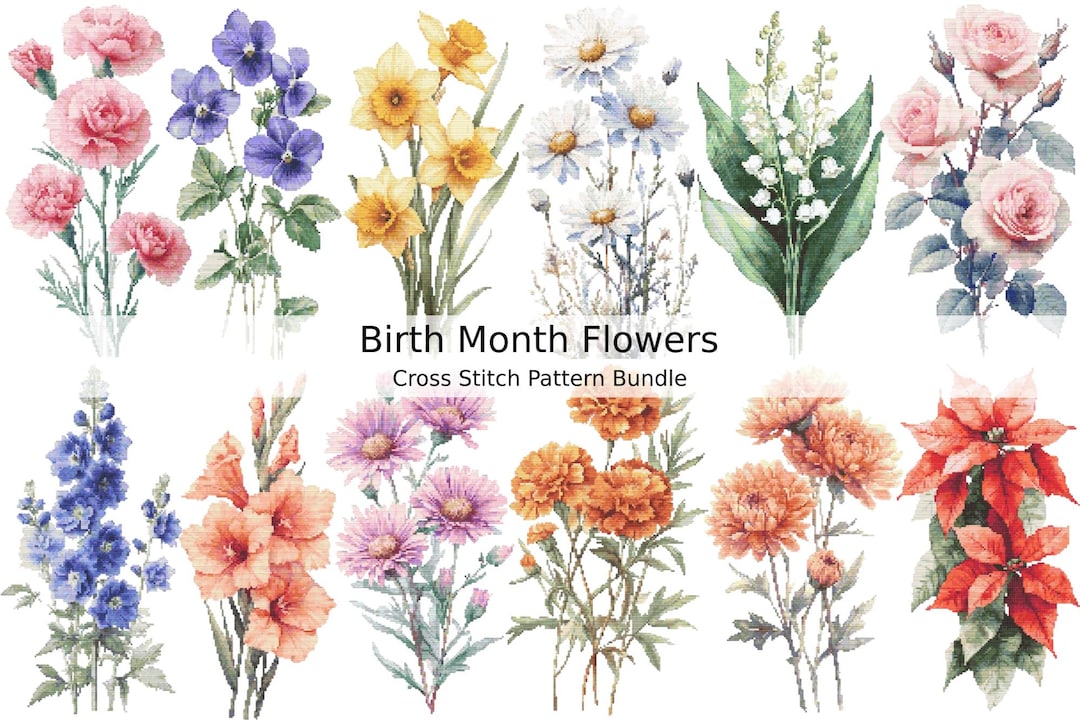 Cross Stitch Pattern Bundle, 12 Birth Month Flower Cross Stitch Charts ...