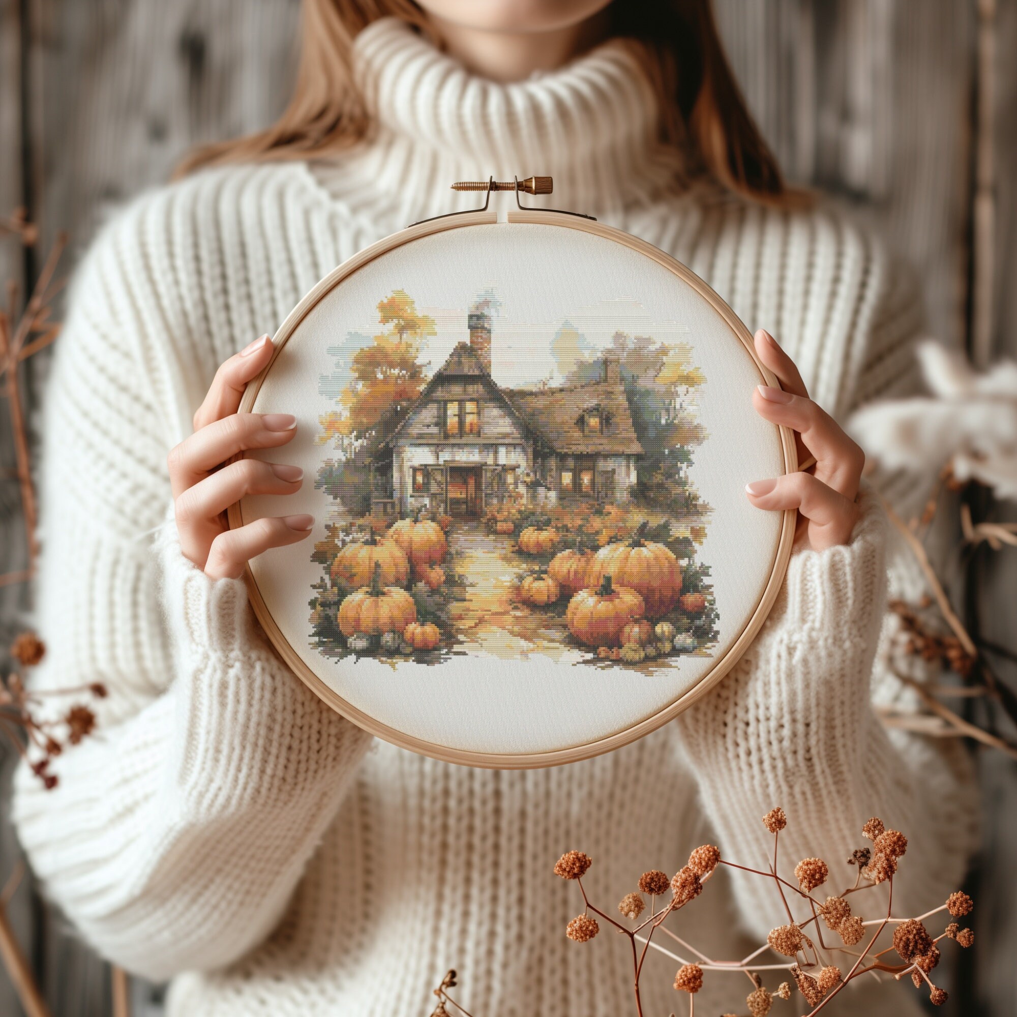 Fall Cross Stitch Pattern With Country Cottage, Autumn Cross Stitch ...