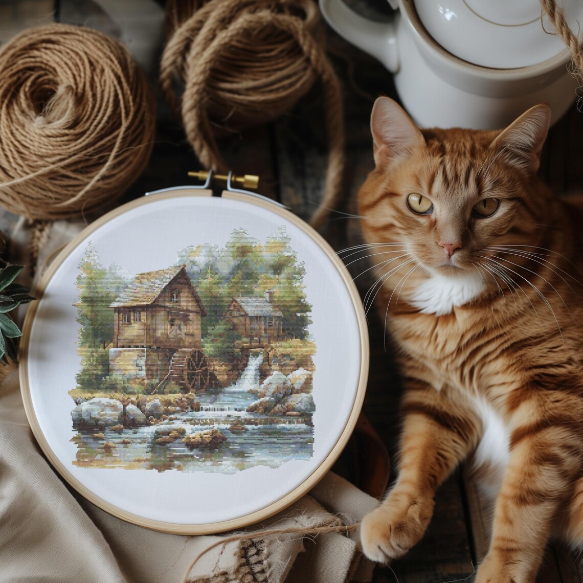 Cross Stitch Pattern With Watermill, Cottagecore Embroidery Pattern ...