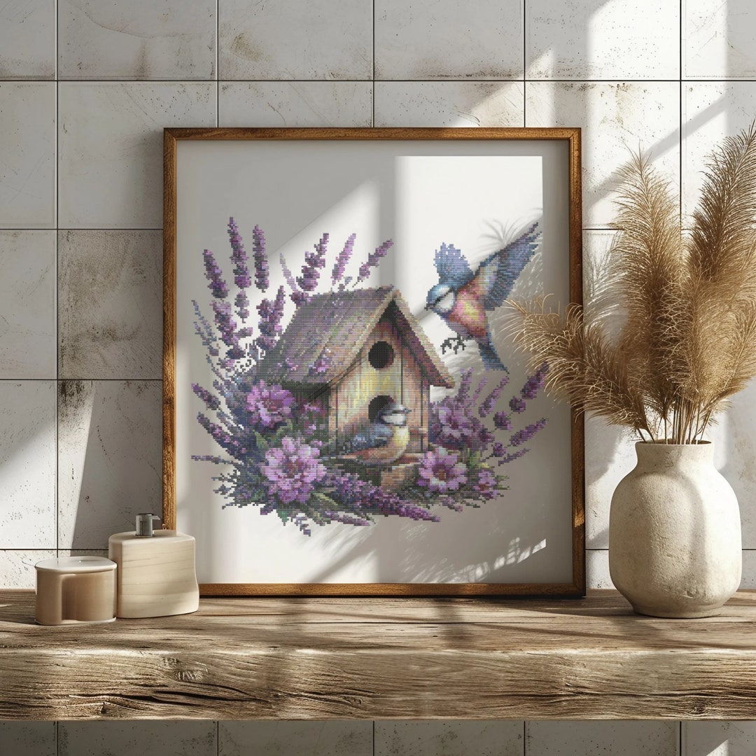Cross Stitch Pattern With Lavender Birdhouse Modern Cross Stitch ...
