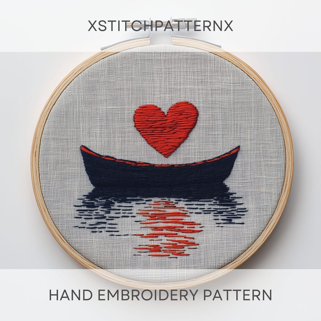 Hand Embroidery Pattern PDF With Boat Red Heart Valentine Embroidery ...