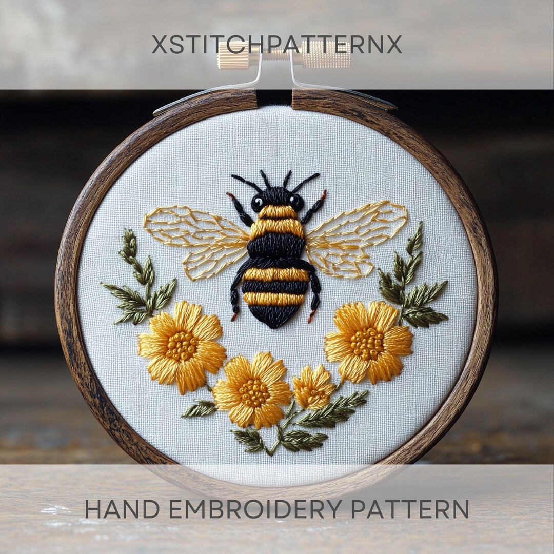 Bee Embroidery Pattern PDF With Flowers, Hand Embroidery Pattern for ...