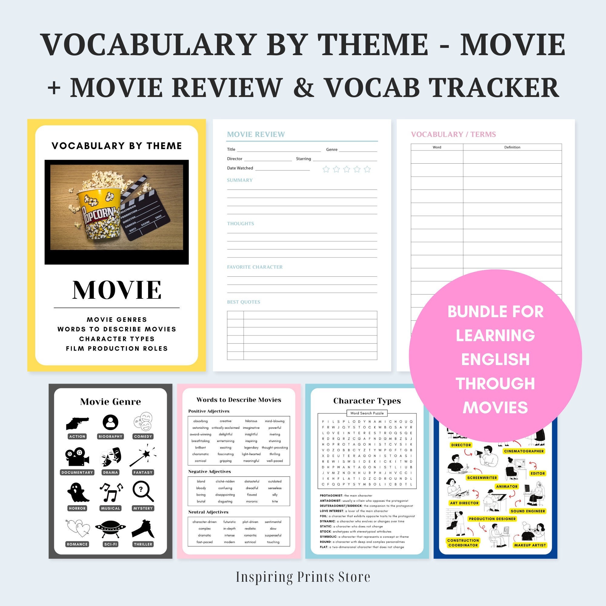 Movie/film Vocabulary + Movie Review Printable Bundle | Vocabulary by ...