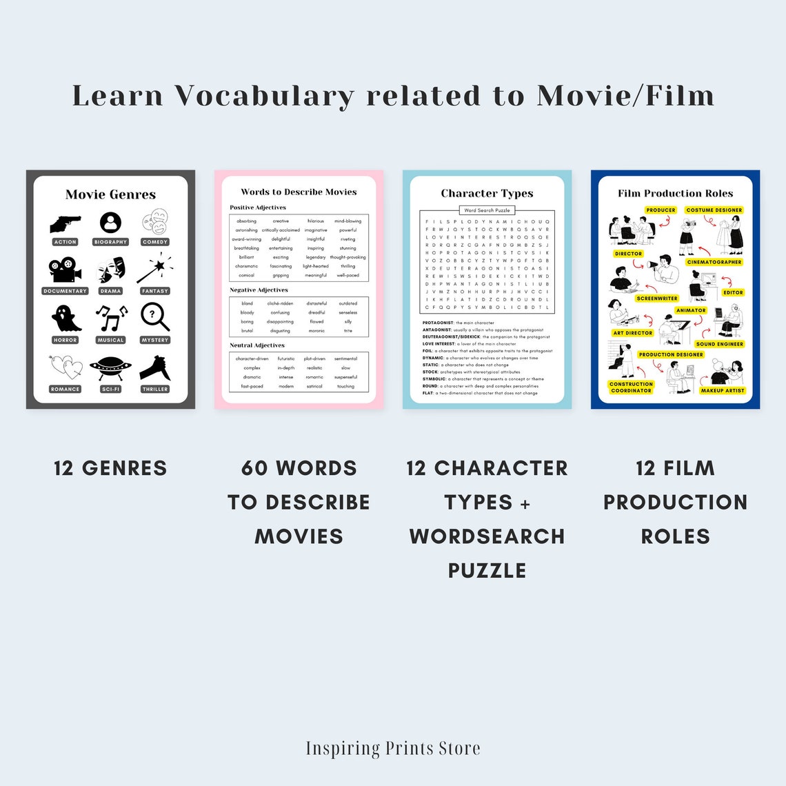 Movie/film Vocabulary Printable | Vocabulary by Theme, Movie Genre ...