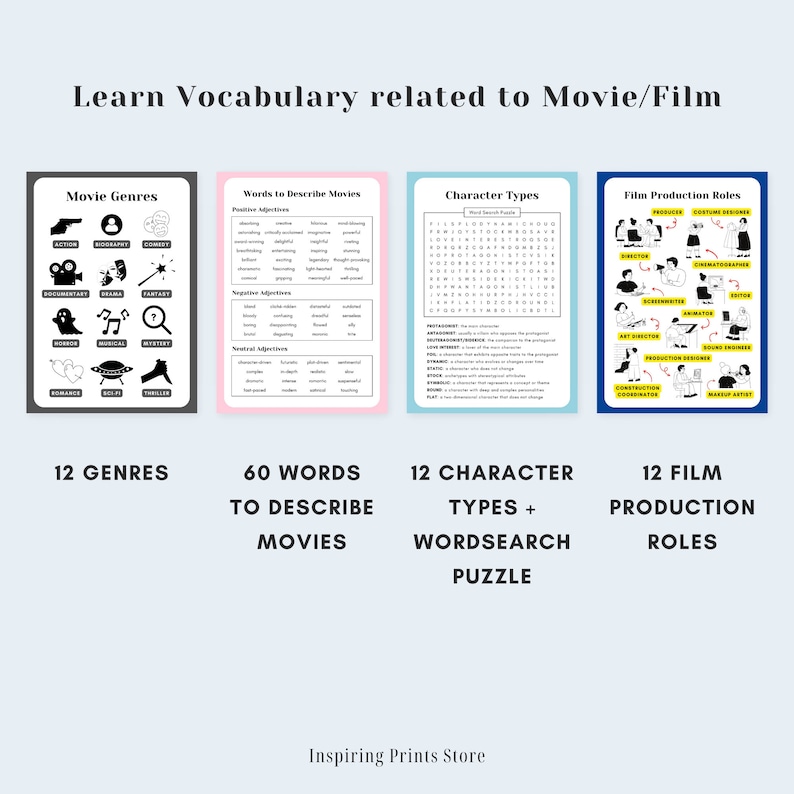 Movie/film Vocabulary Printable | Vocabulary by Theme, Movie Genre ...