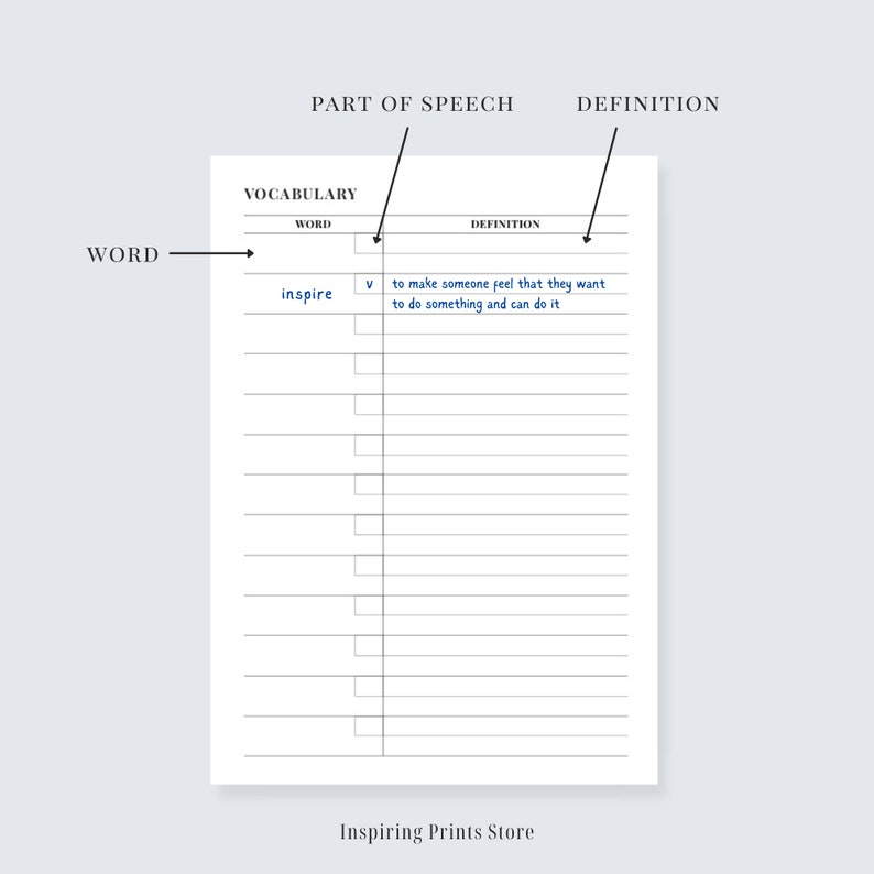 Vocabulary List Printable, Minimal Vocabulary Notes Worksheet, Language ...