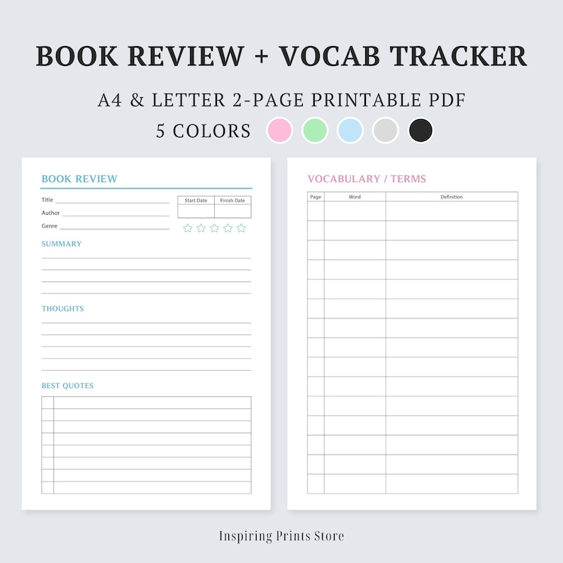 Book Review With Vocabulary/terms Tracker Printable, Book Report ...