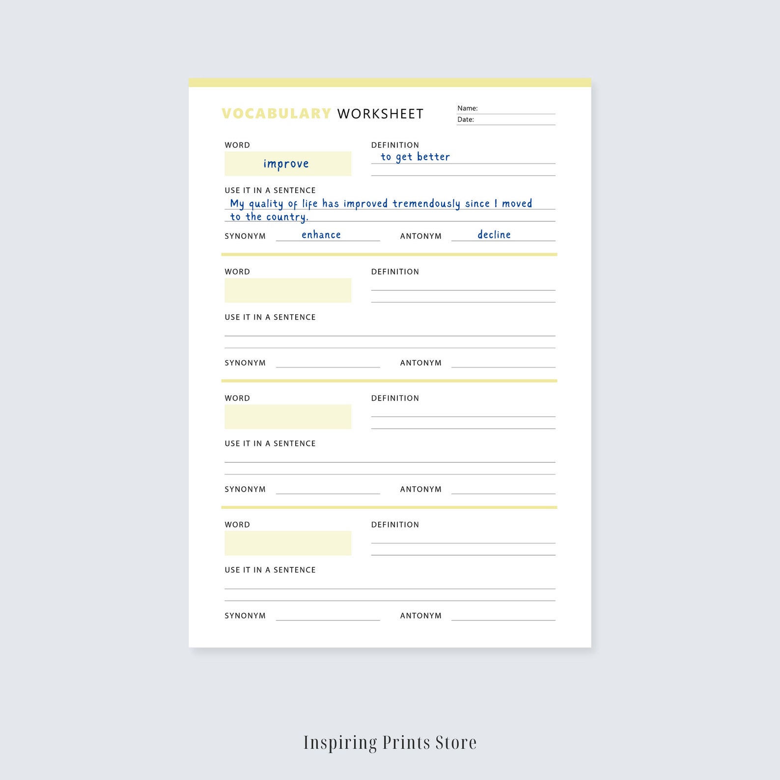 Vocabulary Worksheet Printable, Vocabulary Practice Sheet, Language ...
