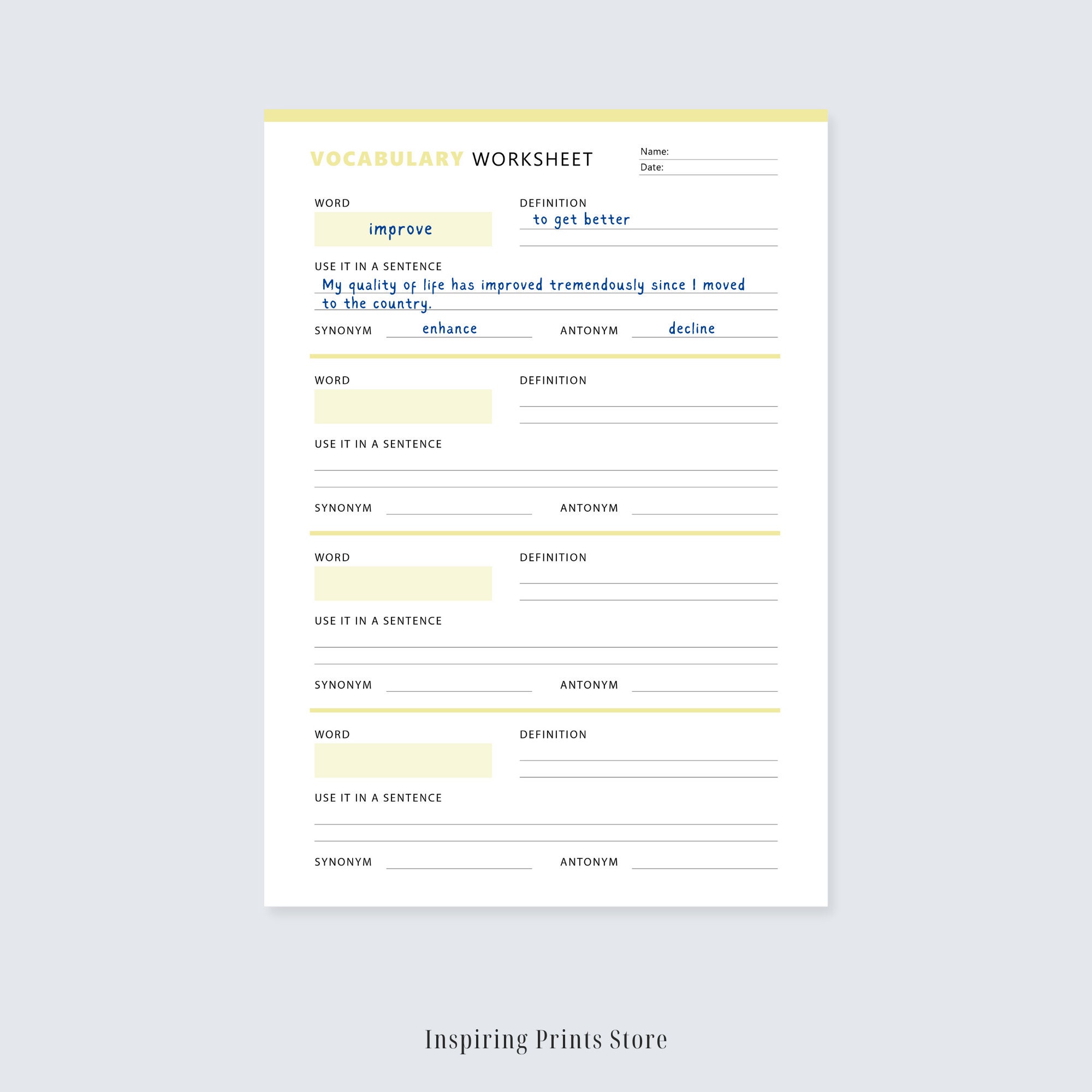 Vocabulary Worksheet Printable, Vocabulary Practice Sheet, Language ...