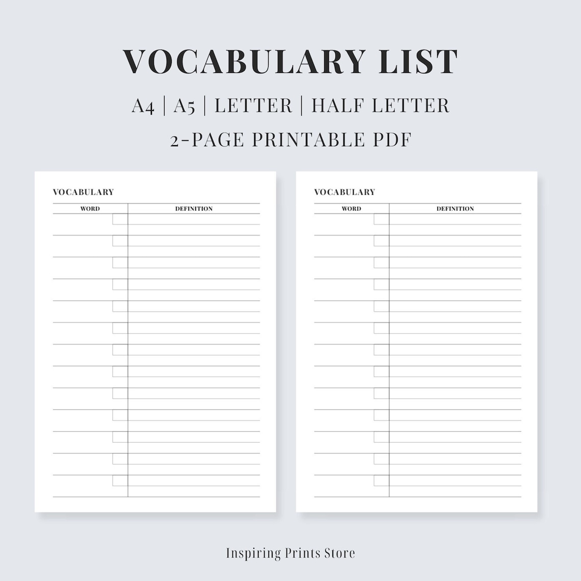 Vocabulary List Printable, Minimal Vocabulary Notes Worksheet, Language ...