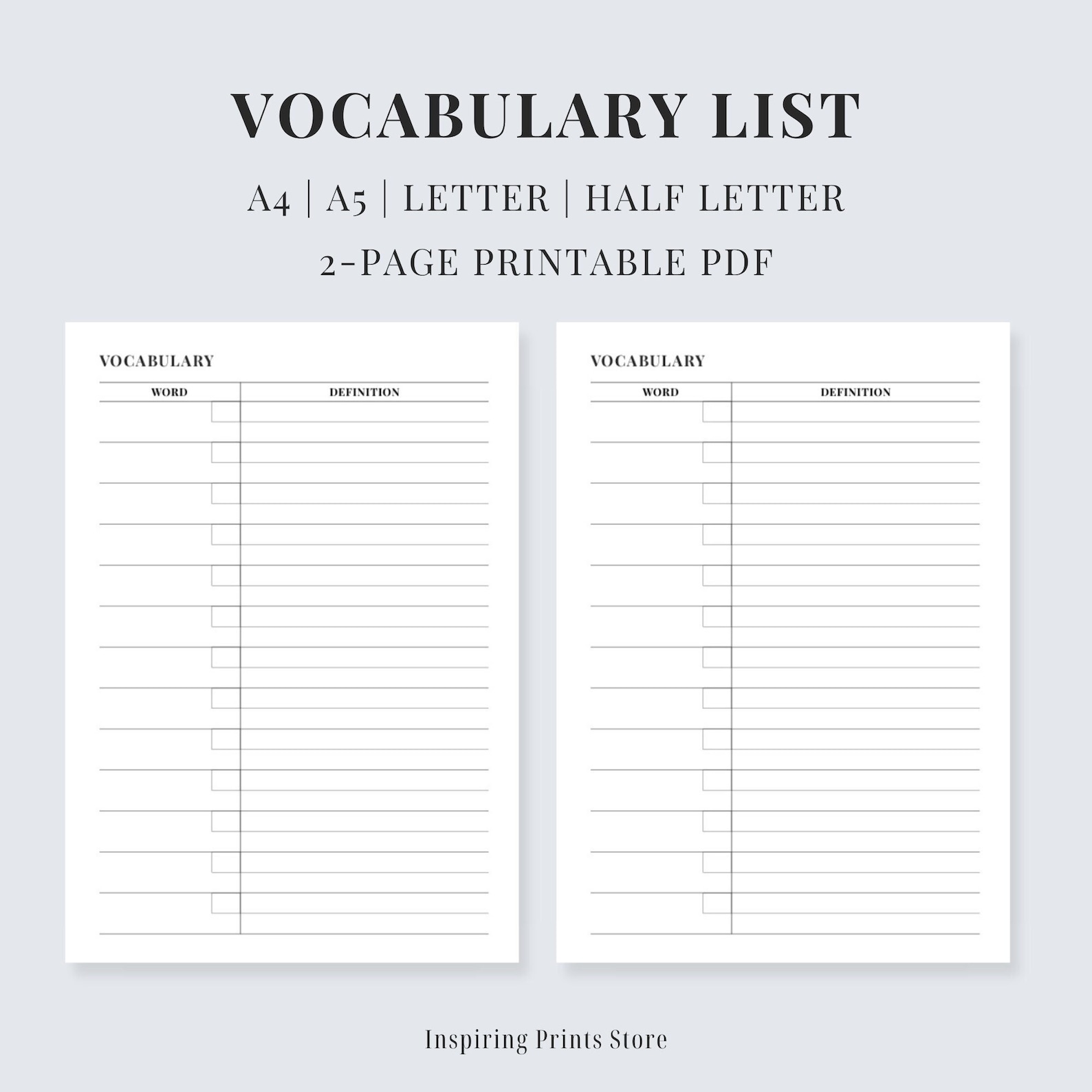 Vocabulary List Printable, Minimal Vocabulary Notes Worksheet, Language ...