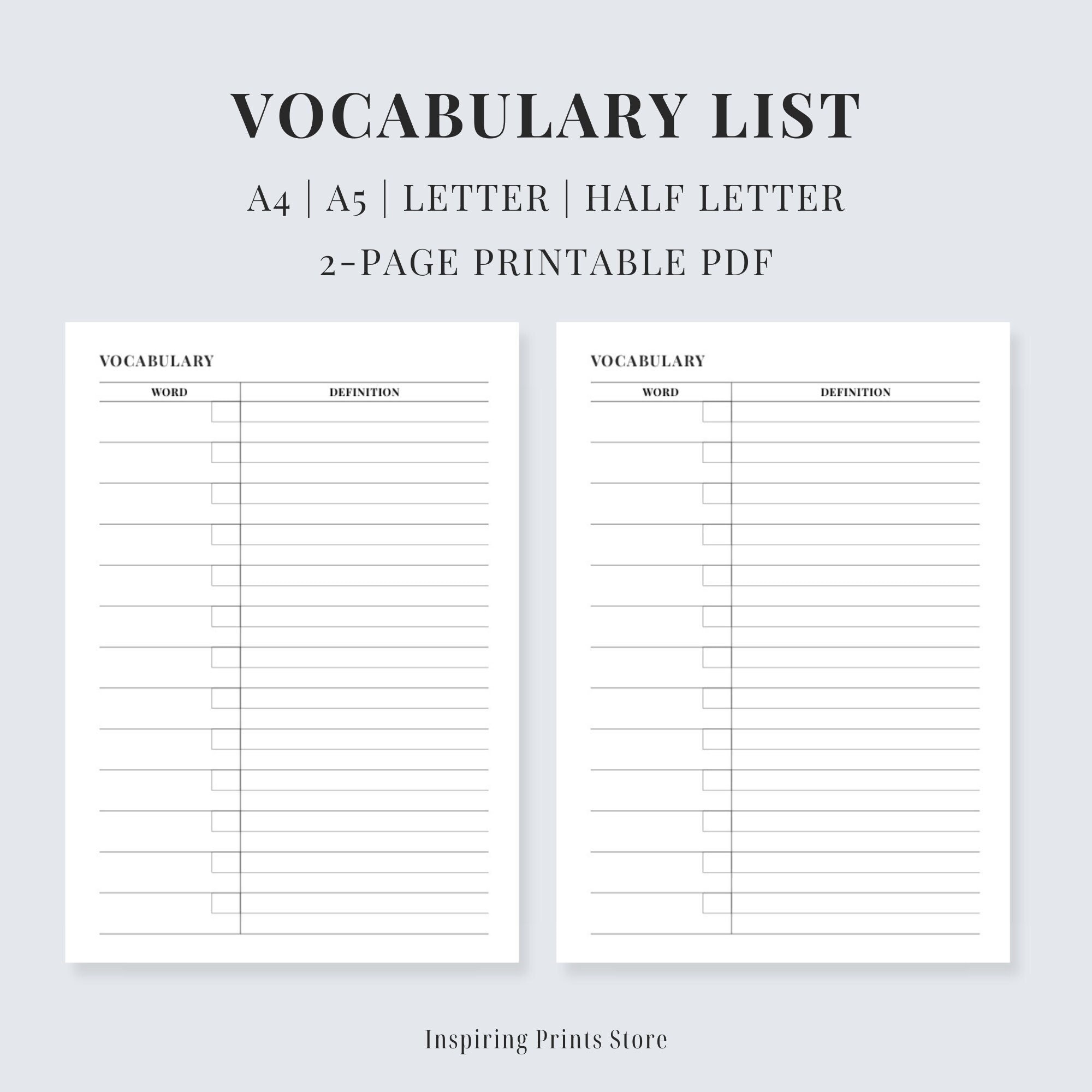 Vocabulary List Printable, Minimal Vocabulary Notes Worksheet, Language ...