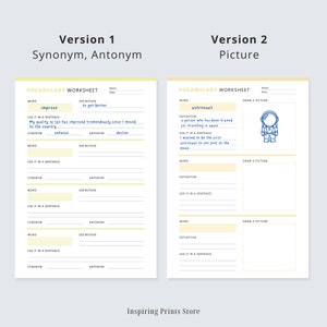 Vocabulary Worksheet Printable Bundle, Vocabulary Practice, Language ...
