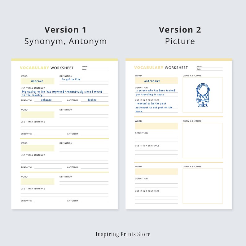 Vocabulary Worksheet Printable Bundle, Vocabulary Practice, Language ...