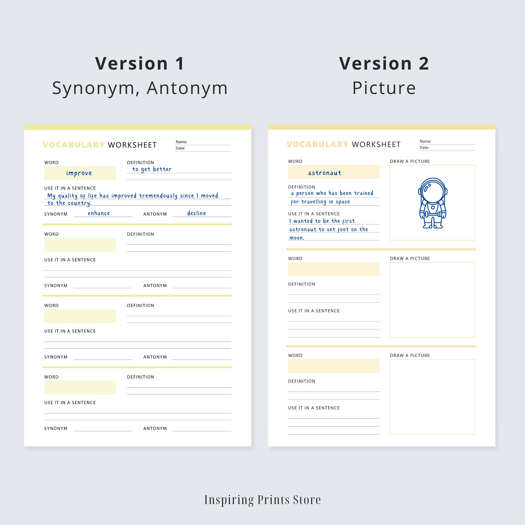 Vocabulary Worksheet Printable Bundle, Vocabulary Practice, Language ...