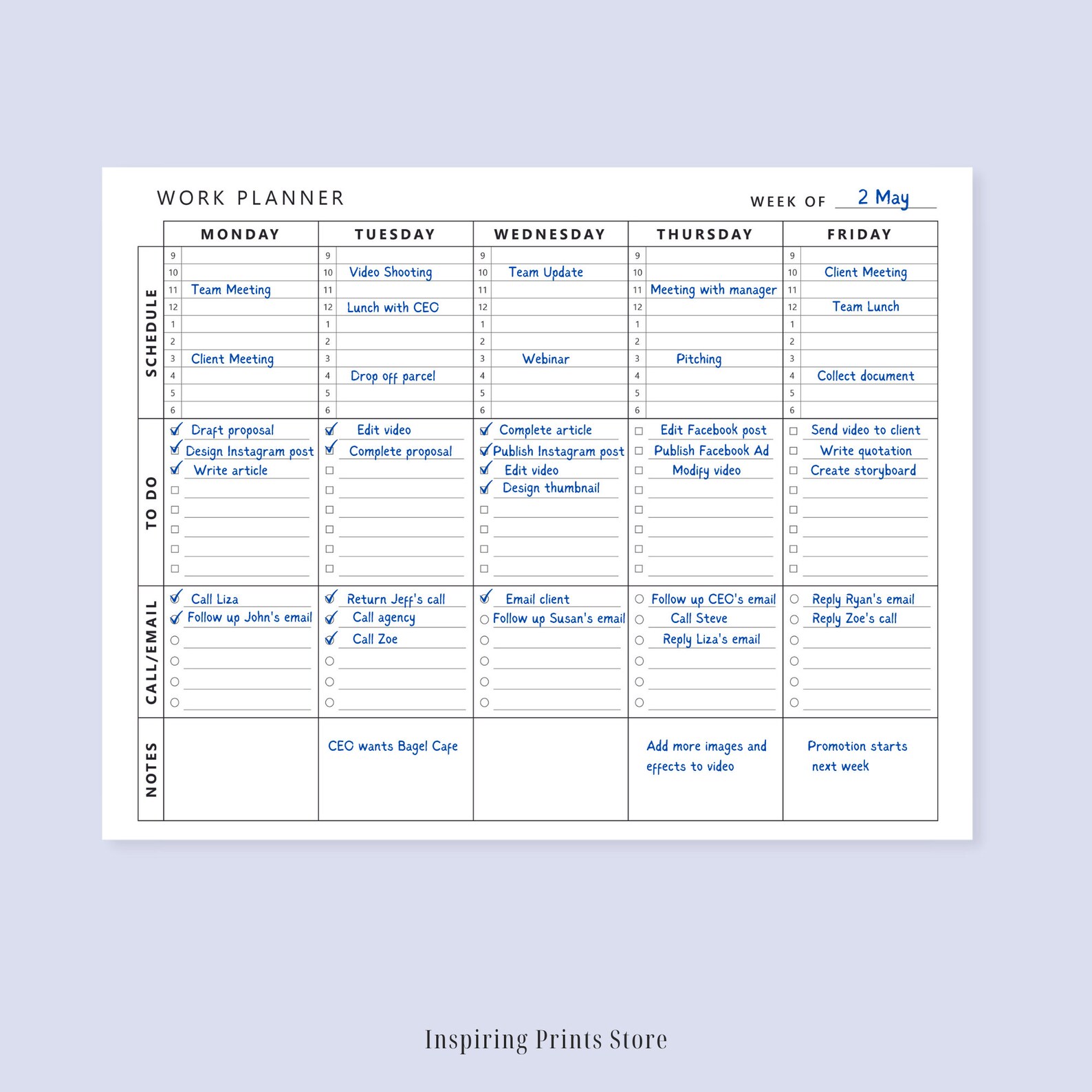 Weekly Work Planner Printable, Office Tasks Organizer, Weekly Schedule ...