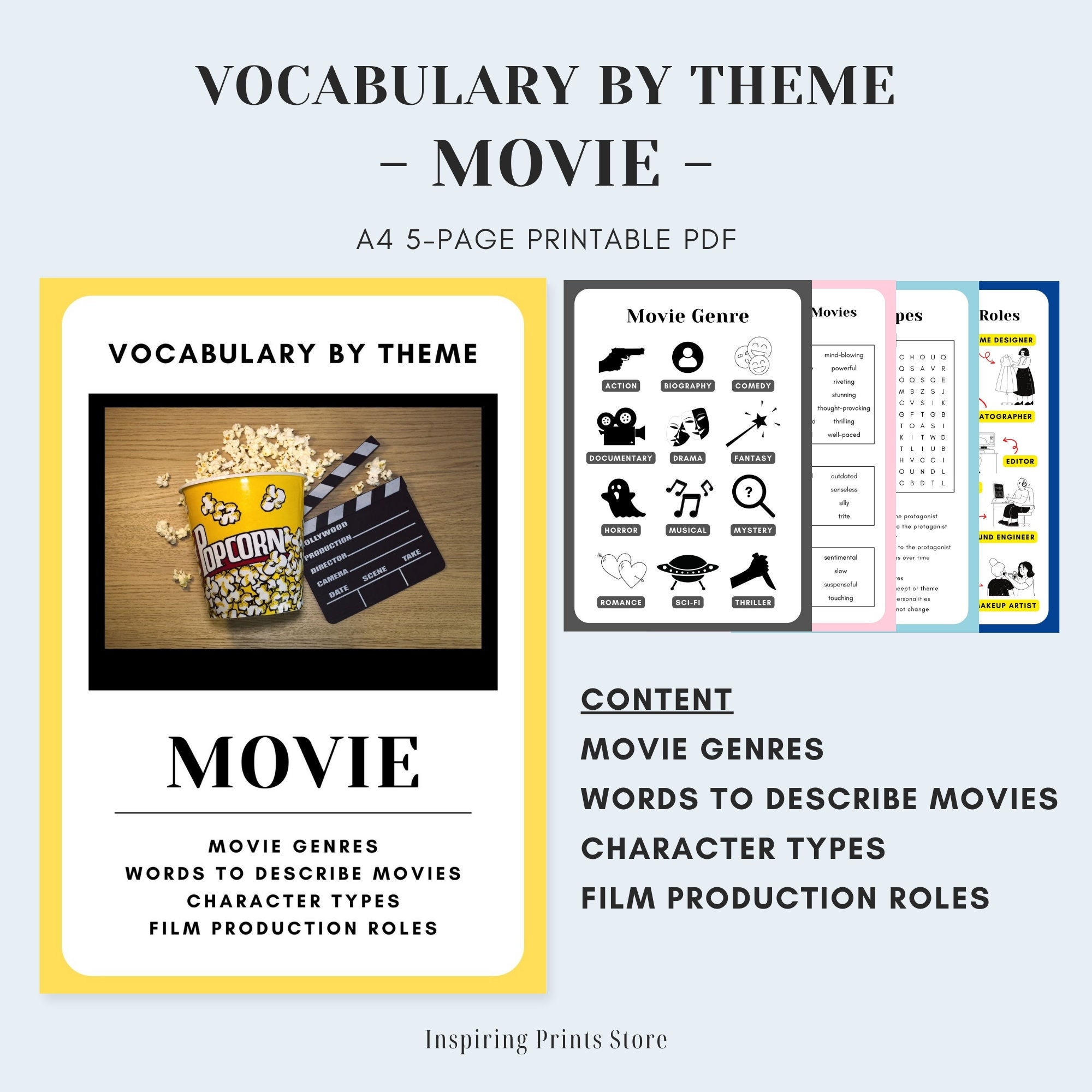 Movie/film Vocabulary Printable Vocabulary by Theme, Movie Genre ...