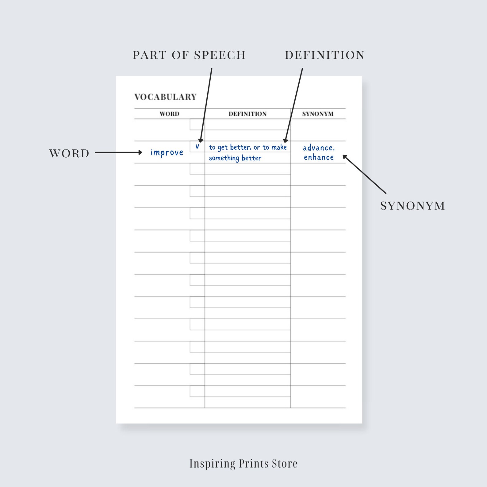 Vocabulary List Printable, Vocabulary Notes Worksheet, Minimal Language ...