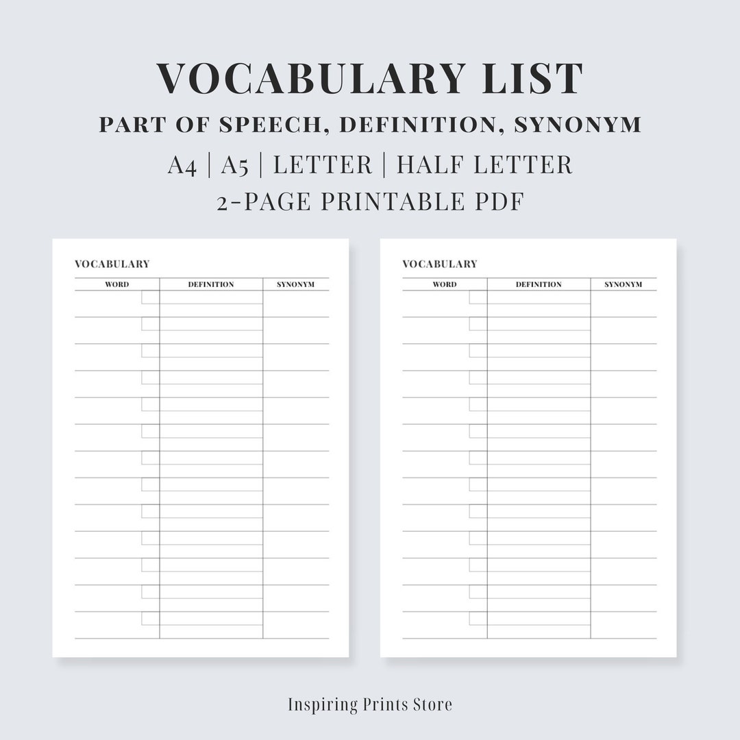 Vocabulary List Printable, Vocabulary Notes Worksheet, Minimal Language ...