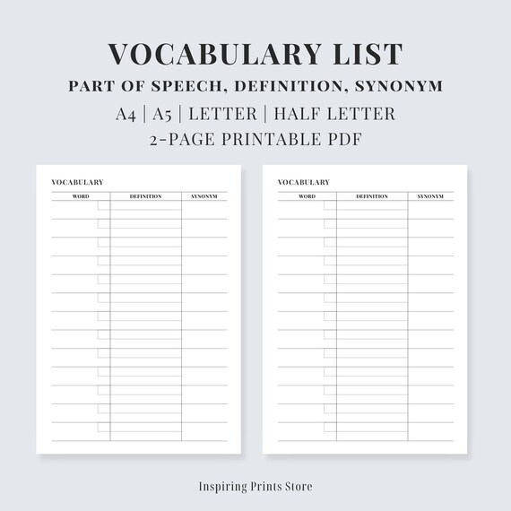 Vocabulary List Printable Vocabulary Notes Worksheet Minimal | Etsy