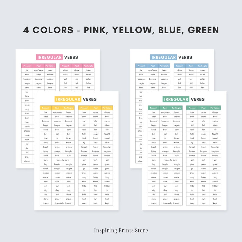 Irregular Verbs Printable, Irregular Verb List, Tenses & Grammer Study ...