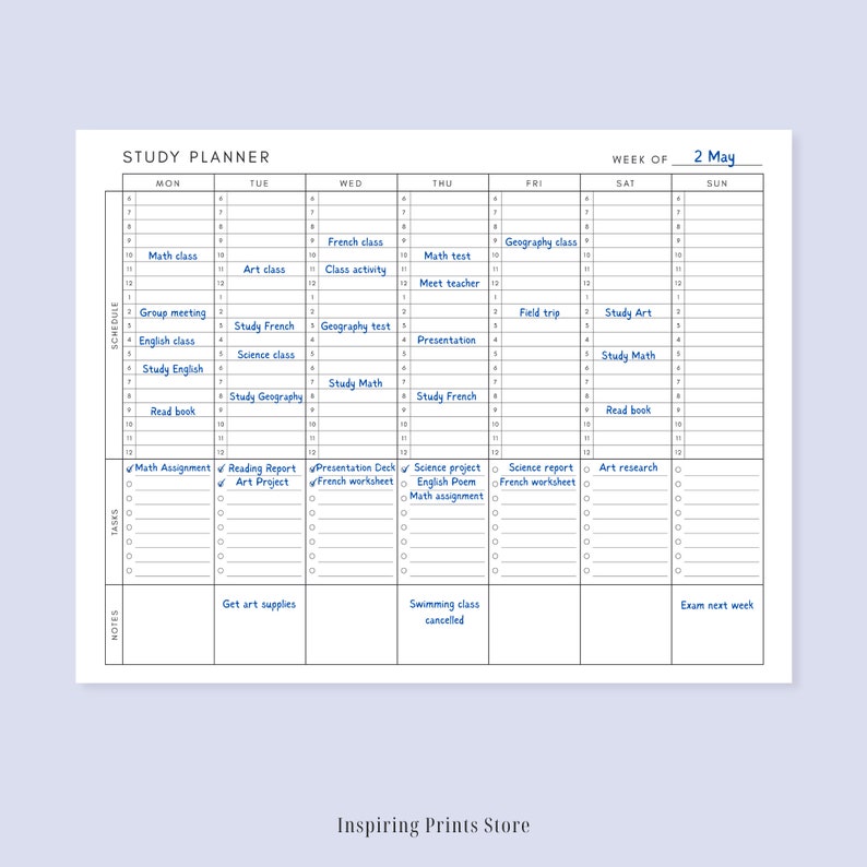 Weekly Study Planner Printable, Class & Revision Schedule, Tasks ...