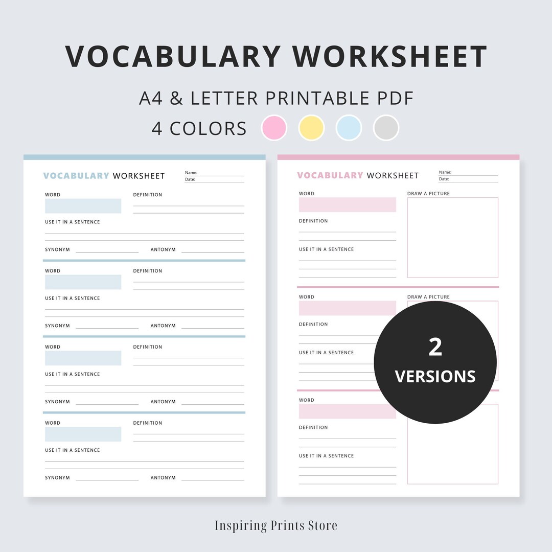 Vocabulary Worksheet Printable Bundle, Vocabulary Practice, Language ...
