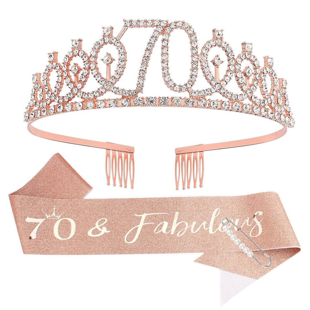 70th Birthday Crown 70 & Fabulous Birthday Sash Pearl Pin Set, 70th ...
