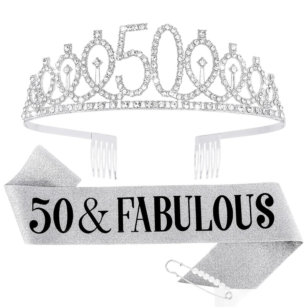 50th Birthday Crown 50th Birthday Sash Pearl Pin Silver 50th Birthday ...