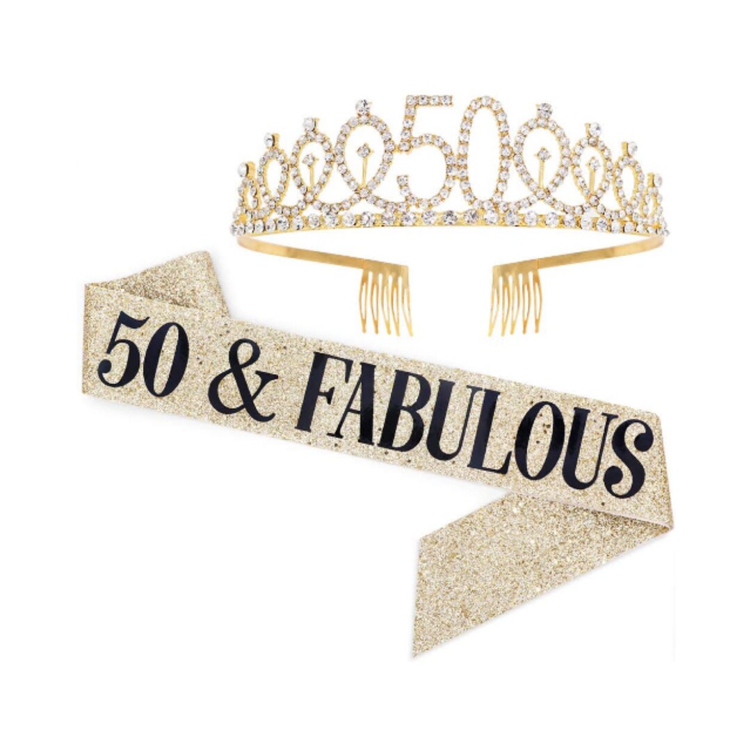 Happy 50th Birthday Sash and Rhinestone Tiara Set Gold 50th Birthday ...